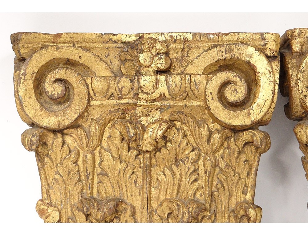 Pair Corinthian capitals pilaster carved wood gilded acanthus XVII