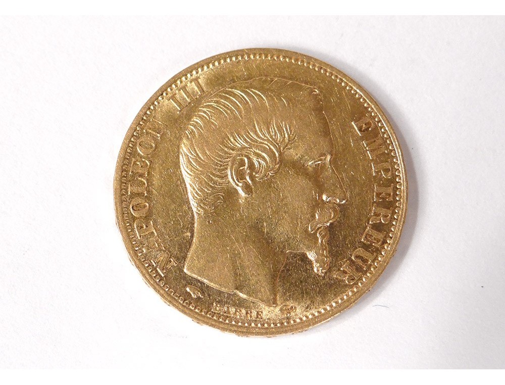Gold coin 20 francs 1859 Napoleon III emperor naked head Empire France