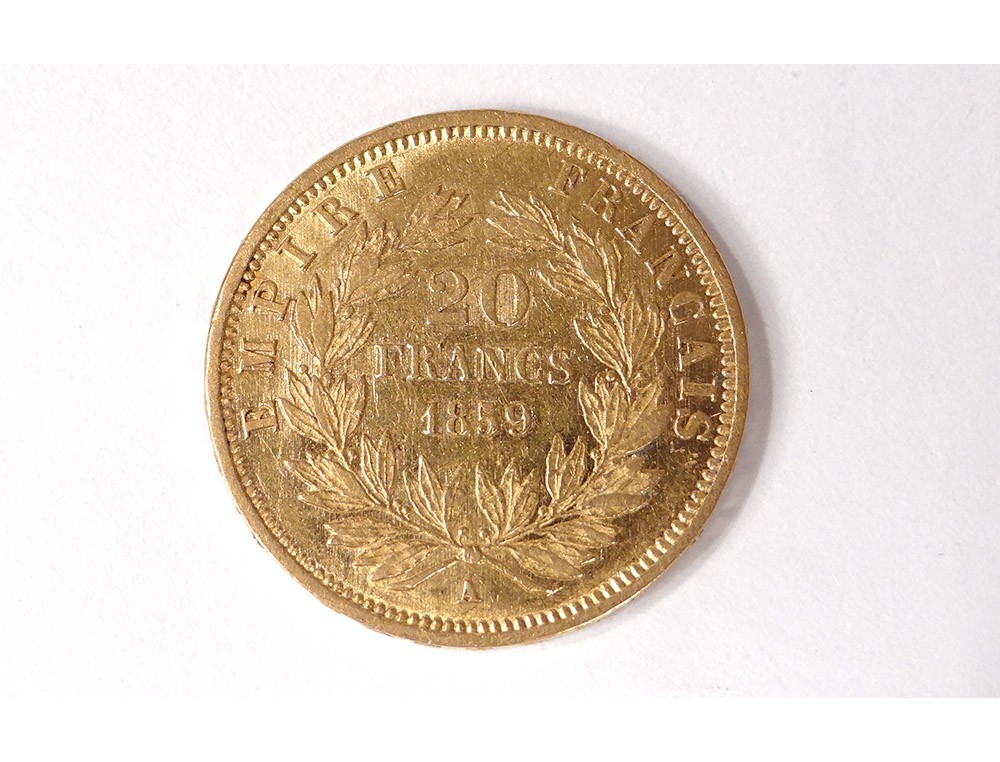 Gold coin 20 francs 1859 Napoleon III emperor naked head Empire France
