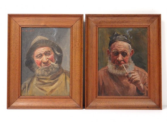 Pair HST paintings Charles Roussel portraits fishermen North France ...
