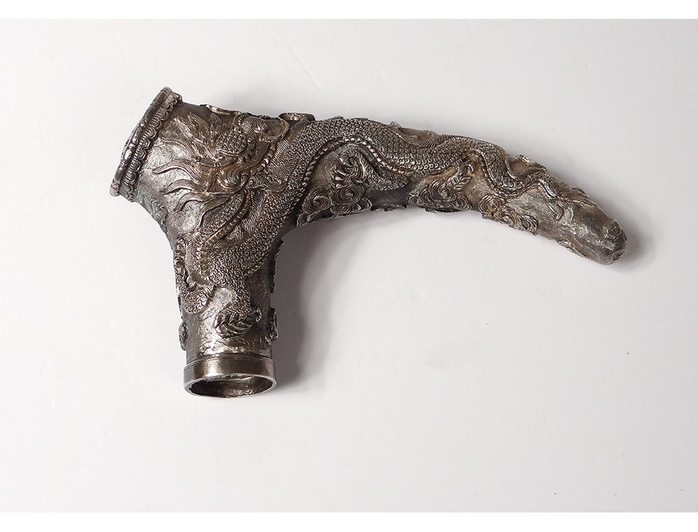 Indochina Vietnam sterling silver cane knob drummers nineteenth symbol