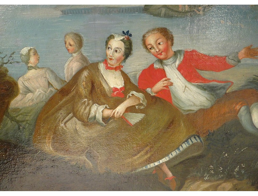 Pair HST paintings gallant scene characters landscape French School XVIII