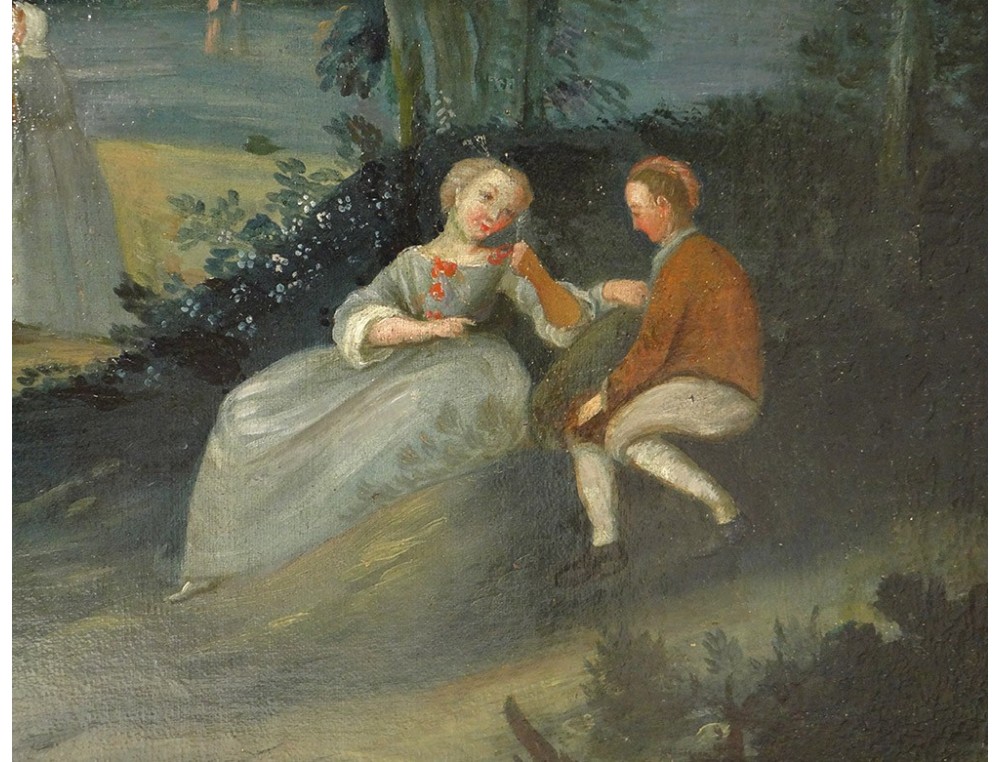 Pair HST paintings gallant scene characters landscape French School XVIII