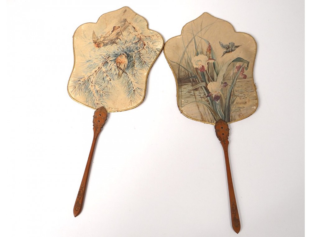 Pair screens fans face hand wood watercolor birds flowers twentieth century