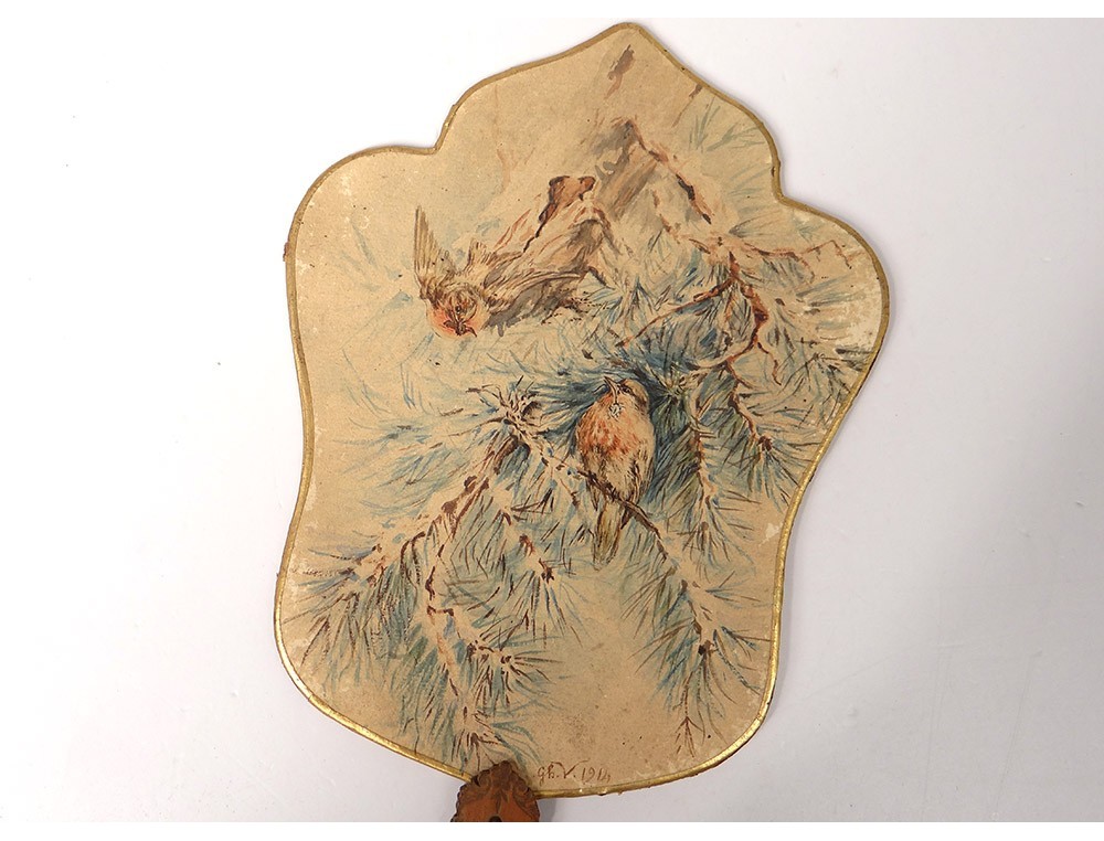 Pair screens fans face hand wood watercolor birds flowers twentieth century