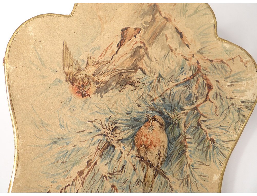 Pair screens fans face hand wood watercolor birds flowers twentieth century