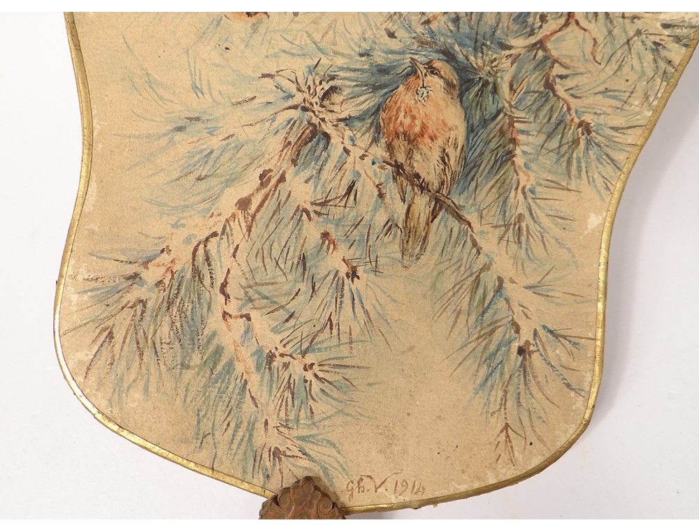 Pair screens fans face hand wood watercolor birds flowers twentieth century