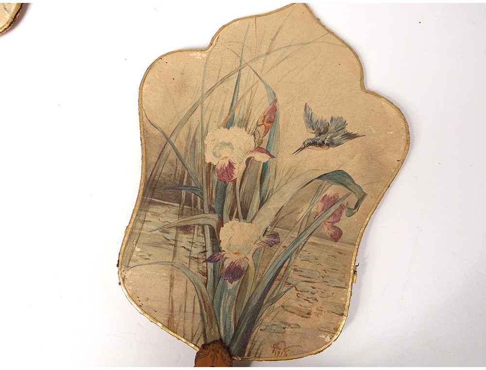 Pair screens fans face hand wood watercolor birds flowers twentieth century