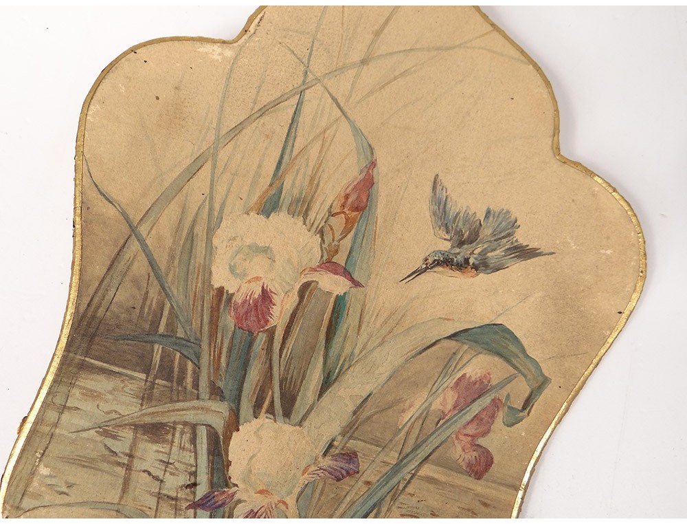 Pair screens fans face hand wood watercolor birds flowers twentieth century