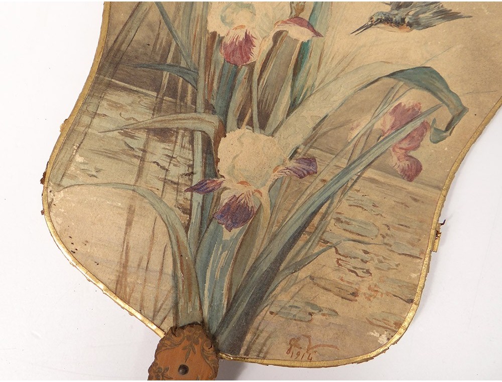 Pair screens fans face hand wood watercolor birds flowers twentieth century