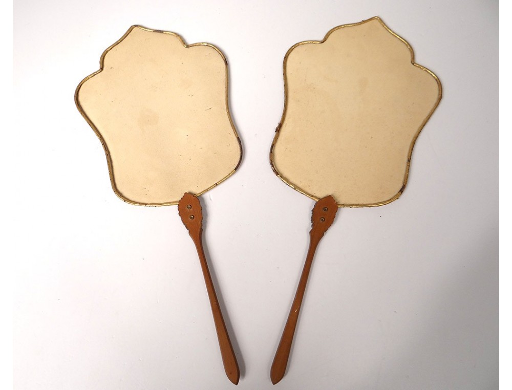 Pair screens fans face hand wood watercolor birds flowers twentieth century