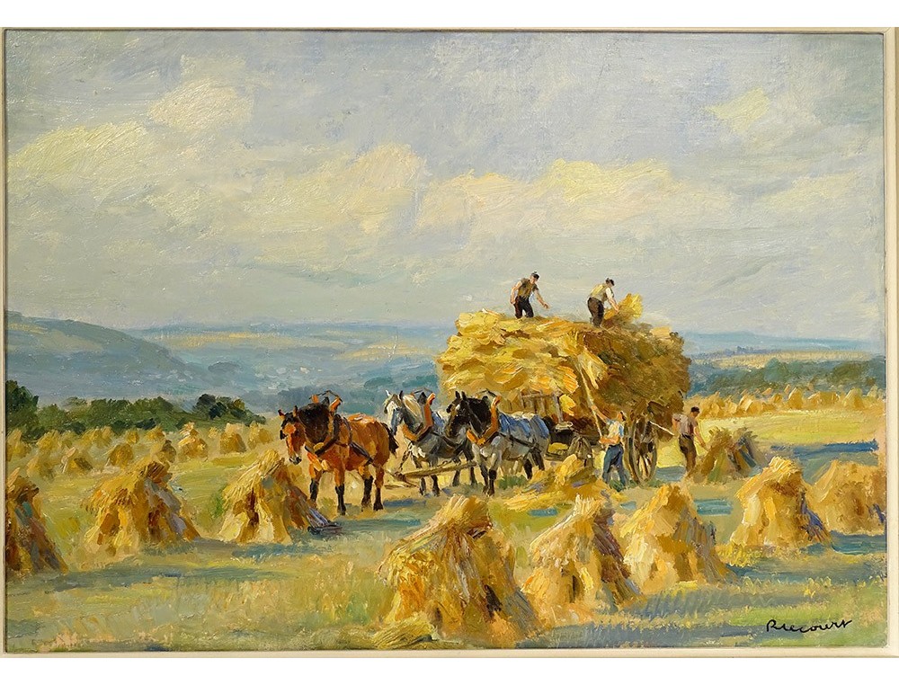 HST painting Raymond Lecourt harvest haymaking campaign cart twentieth