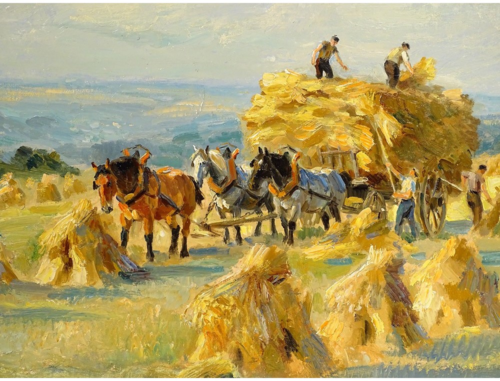 HST painting Raymond Lecourt harvest haymaking campaign cart twentieth