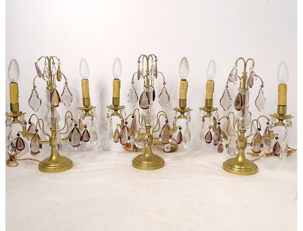 3 girandoles two lights gilded bronze color crystal pendants XIXth century
