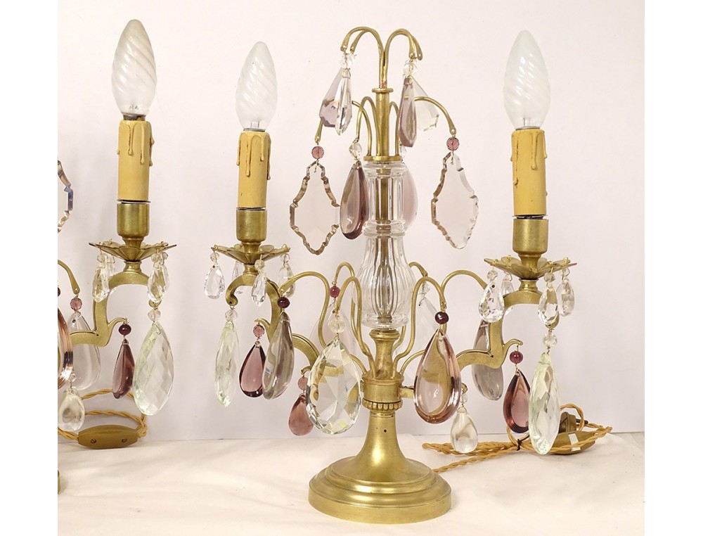 3 girandoles two lights gilded bronze color crystal pendants XIXth century