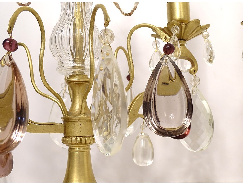 3 girandoles two lights gilded bronze color crystal pendants XIXth century