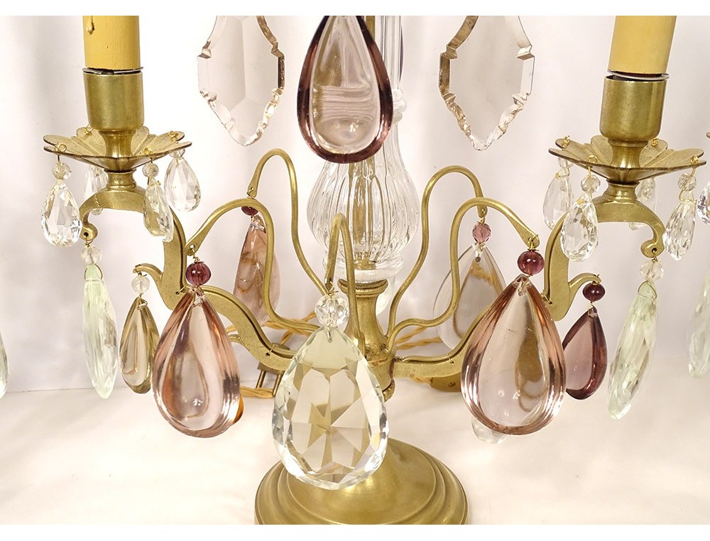3 girandoles two lights gilded bronze color crystal pendants XIXth century