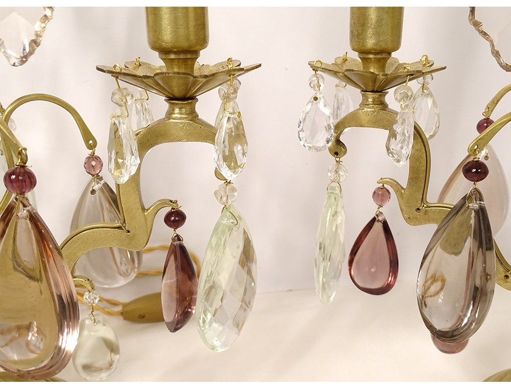 3 girandoles two lights gilded bronze color crystal pendants XIXth century