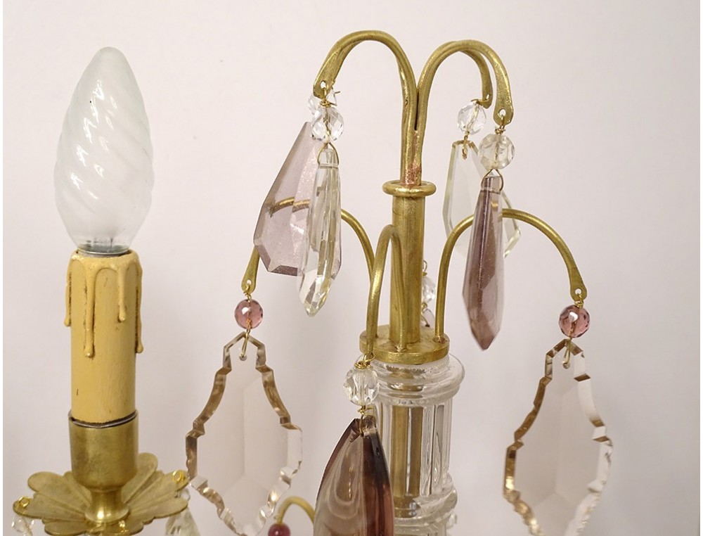 3 girandoles two lights gilded bronze color crystal pendants XIXth century