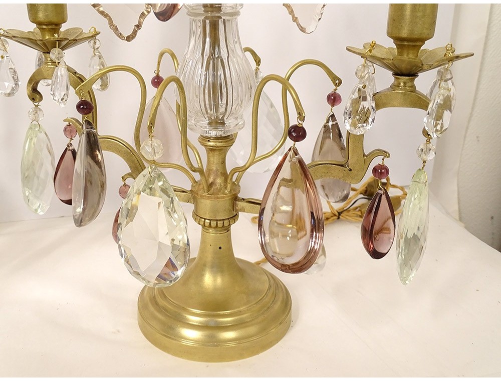 3 girandoles two lights gilded bronze color crystal pendants XIXth century