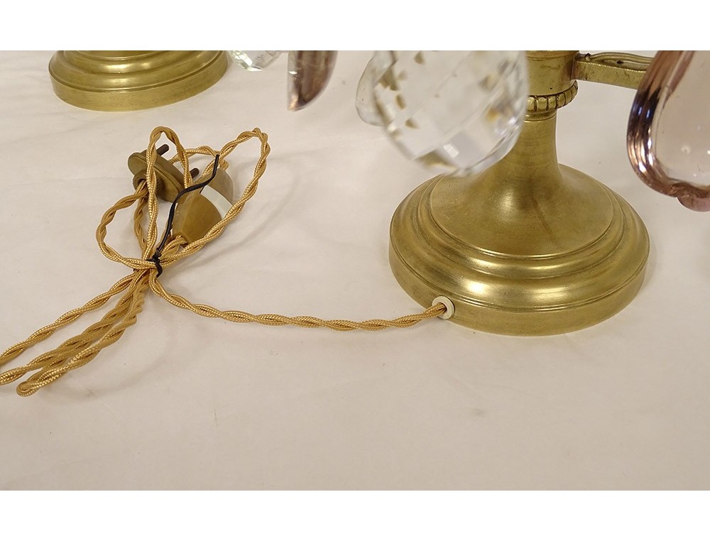 3 girandoles two lights gilded bronze color crystal pendants XIXth century