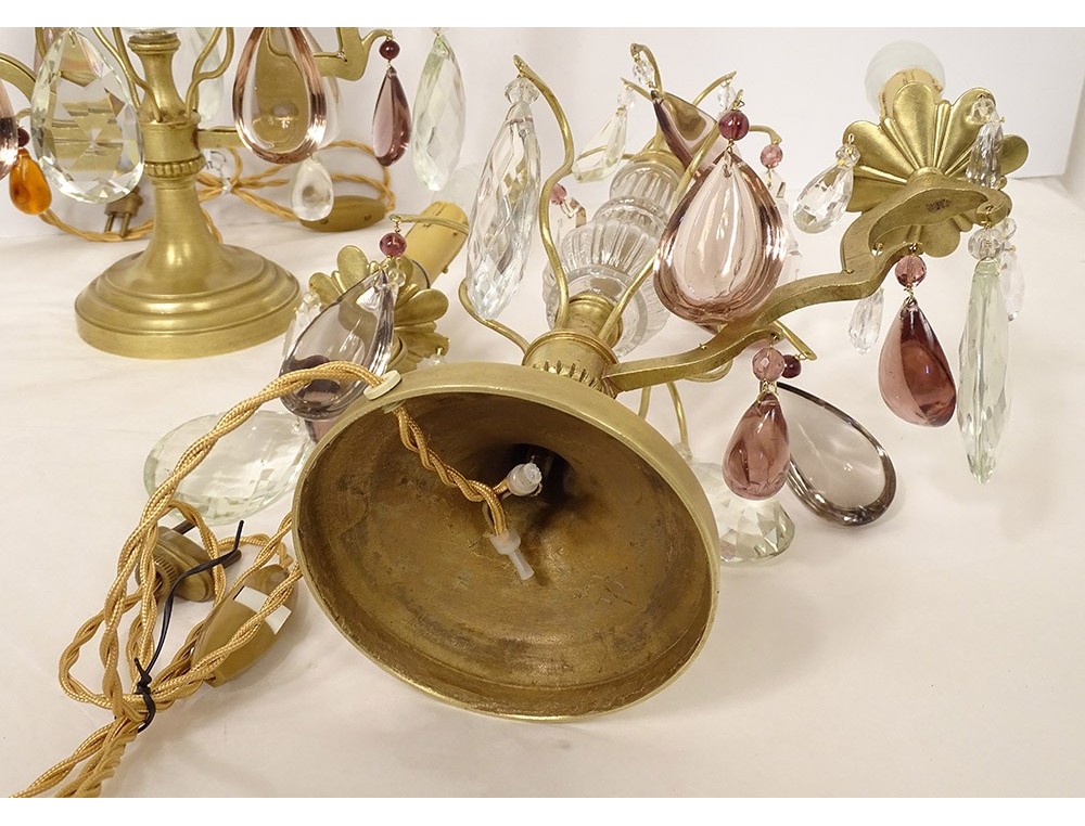 3 girandoles two lights gilded bronze color crystal pendants XIXth century