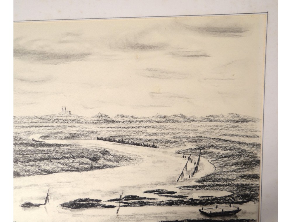 Dessin fusain crayon marée huitres moules Golfe Morbihan Touzé painting XXè
