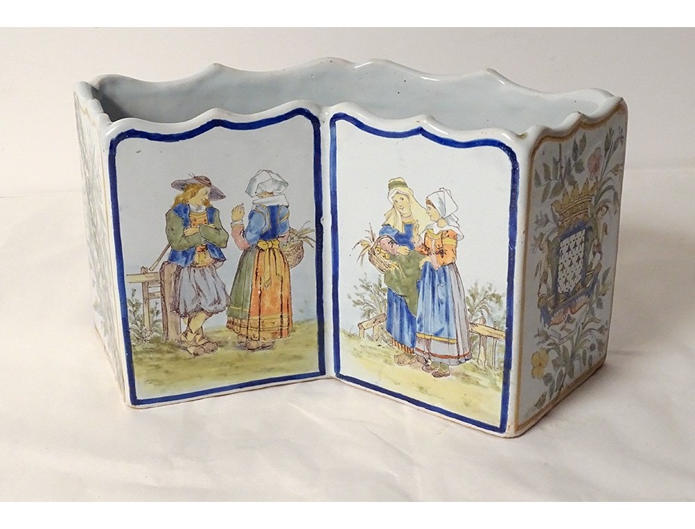 Jardinière faïence PB Quimper personnages Scaër Chateaulin blason fin XIXè