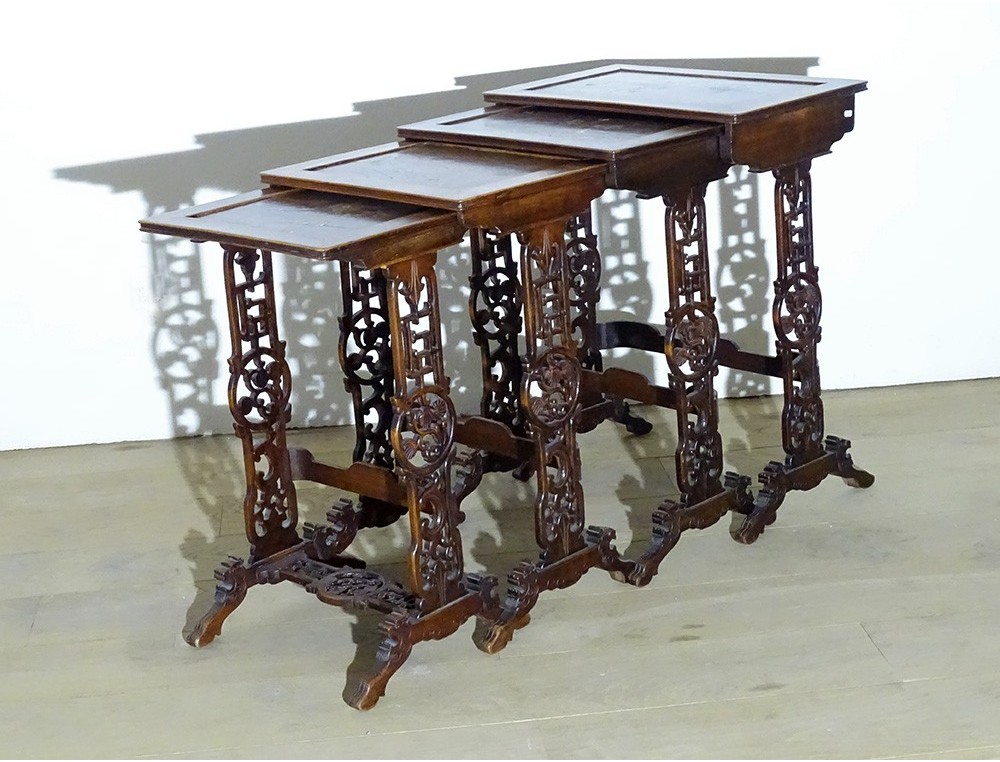 4 wooden nesting tables mother-of-pearl marquetry Japanese turtle ...