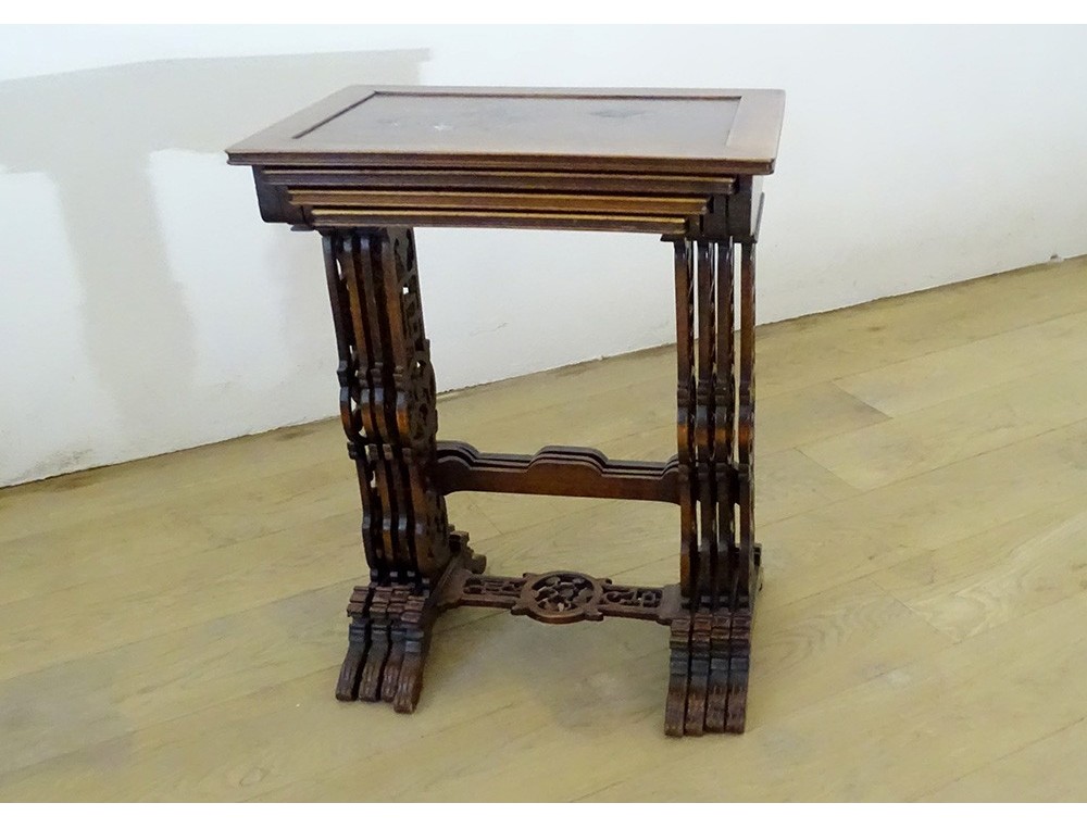 4 wooden nesting tables mother-of-pearl marquetry Japanese turtle ...