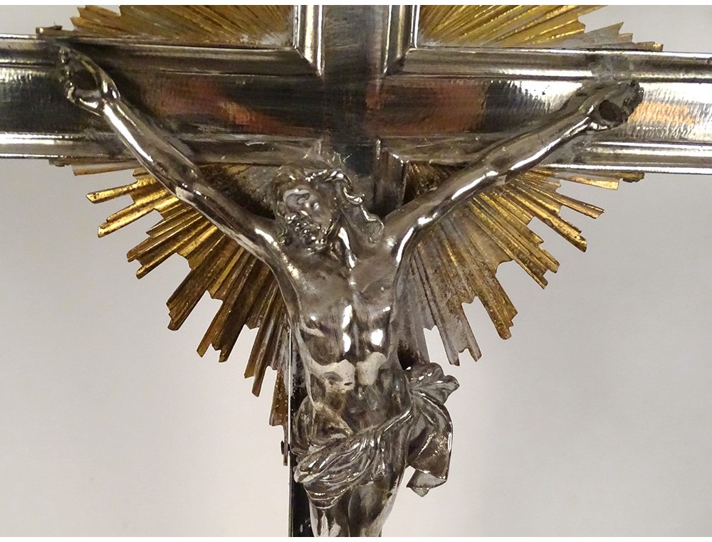 Large altar cross Christ crucifix gilded silver bronze cherubs 19th century
