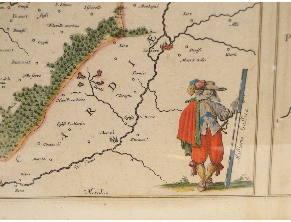 Engraving watercolor of a map of Vermandois by P.Petit Bourbon seventeenth
