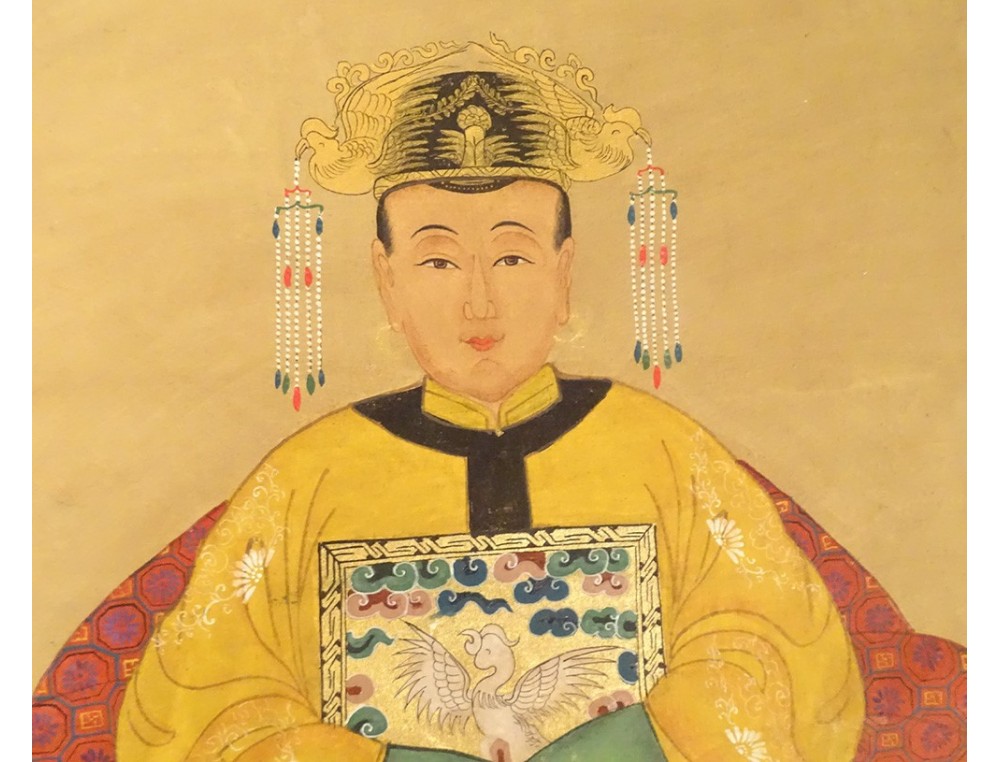 Pair of paintings China portraits couple ancestors mandarin dignitary ...