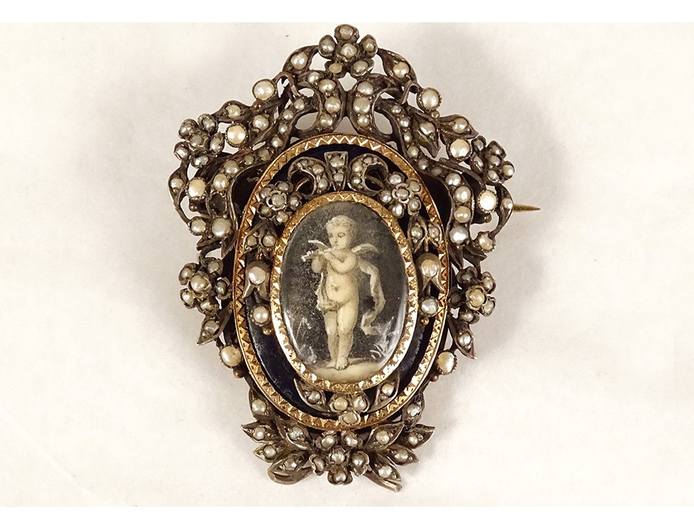 Miniature brooch silver enamel fine pearls portrait young woman knot ...