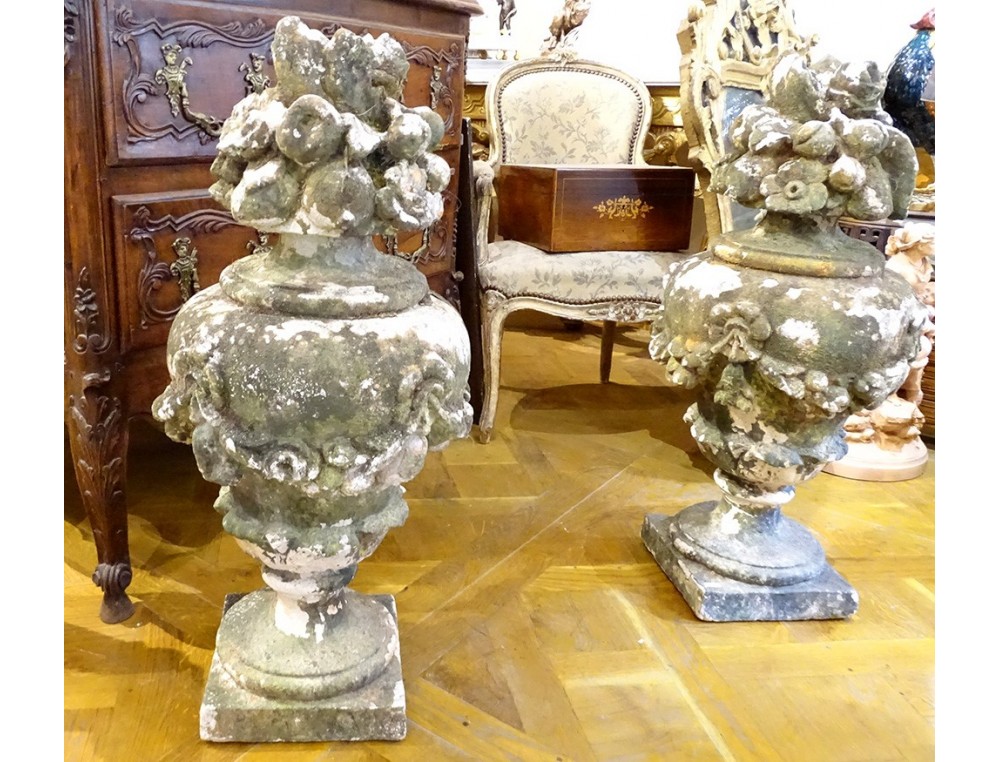 Pair of large decorative fire pots in white stone, flowers and fruits ...