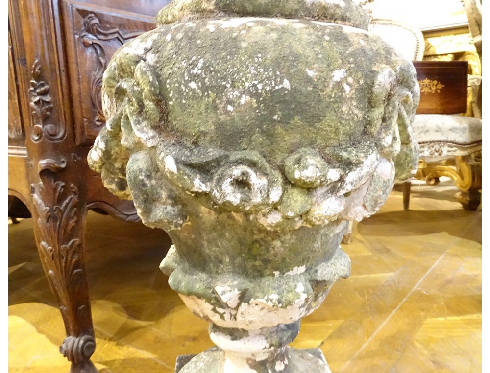 Pair of large decorative fire pots in white stone, flowers and fruits ...
