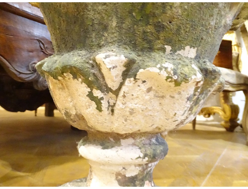 Pair of large decorative fire pots in white stone, flowers and fruits ...