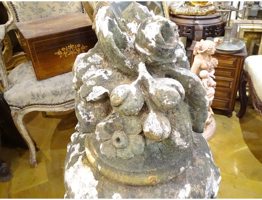 Pair of large decorative fire pots in white stone, flowers and fruits ...