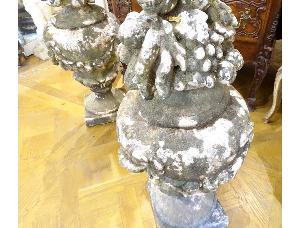 Pair of large decorative fire pots in white stone, flowers and fruits ...