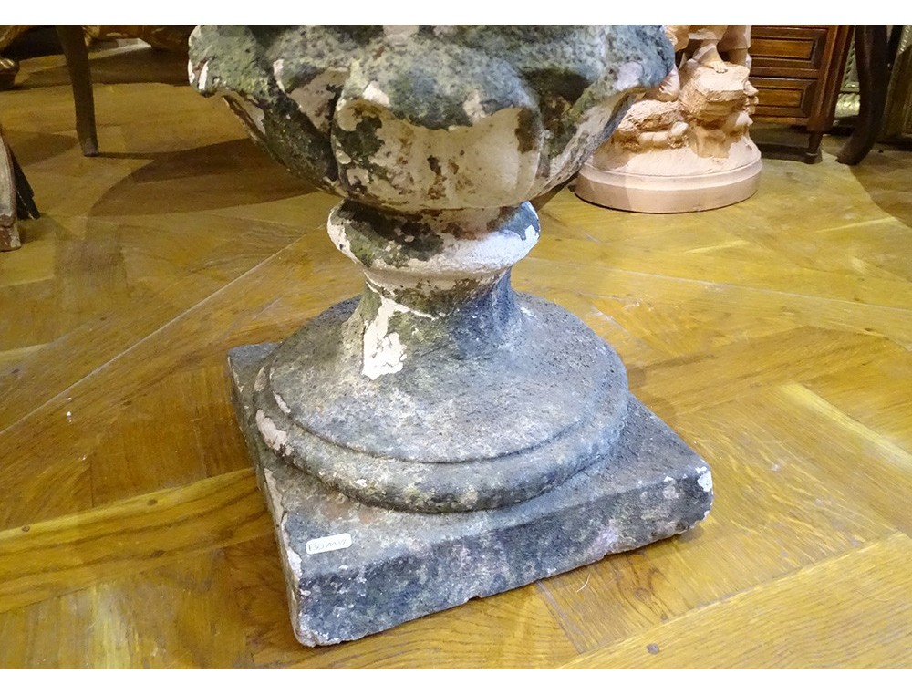 Pair of large decorative fire pots in white stone, flowers and fruits ...