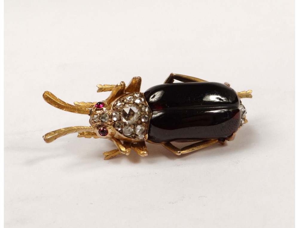 Stunning pin Beetle 18K solid gold garnet diamond ruby ??roses twentieth