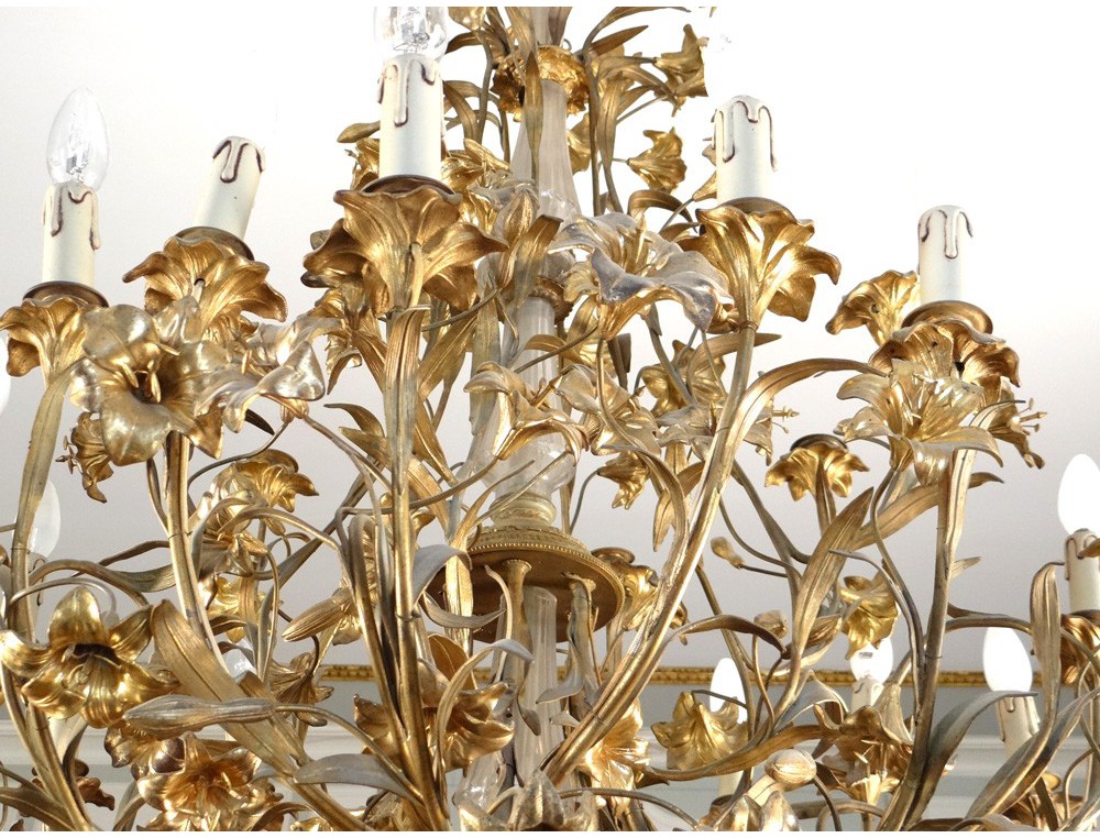 X brass chandelier lights gilt bronze lily flower glass ball nineteenth