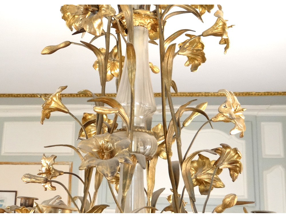 X brass chandelier lights gilt bronze lily flower glass ball nineteenth