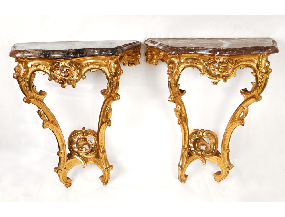Pair consoles carved gilt Louis XV rococo marble shells eighteenth