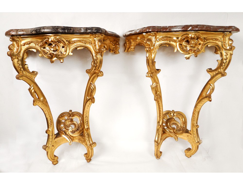 Pair consoles carved gilt Louis XV rococo marble shells eighteenth