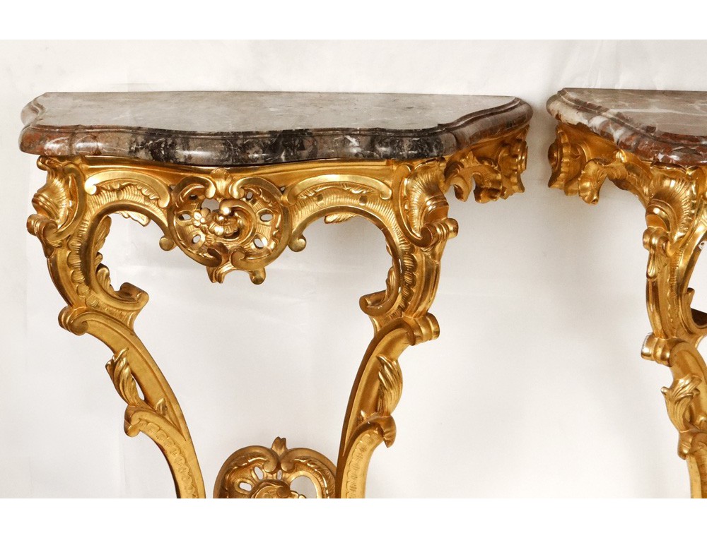 Pair consoles carved gilt Louis XV rococo marble shells eighteenth