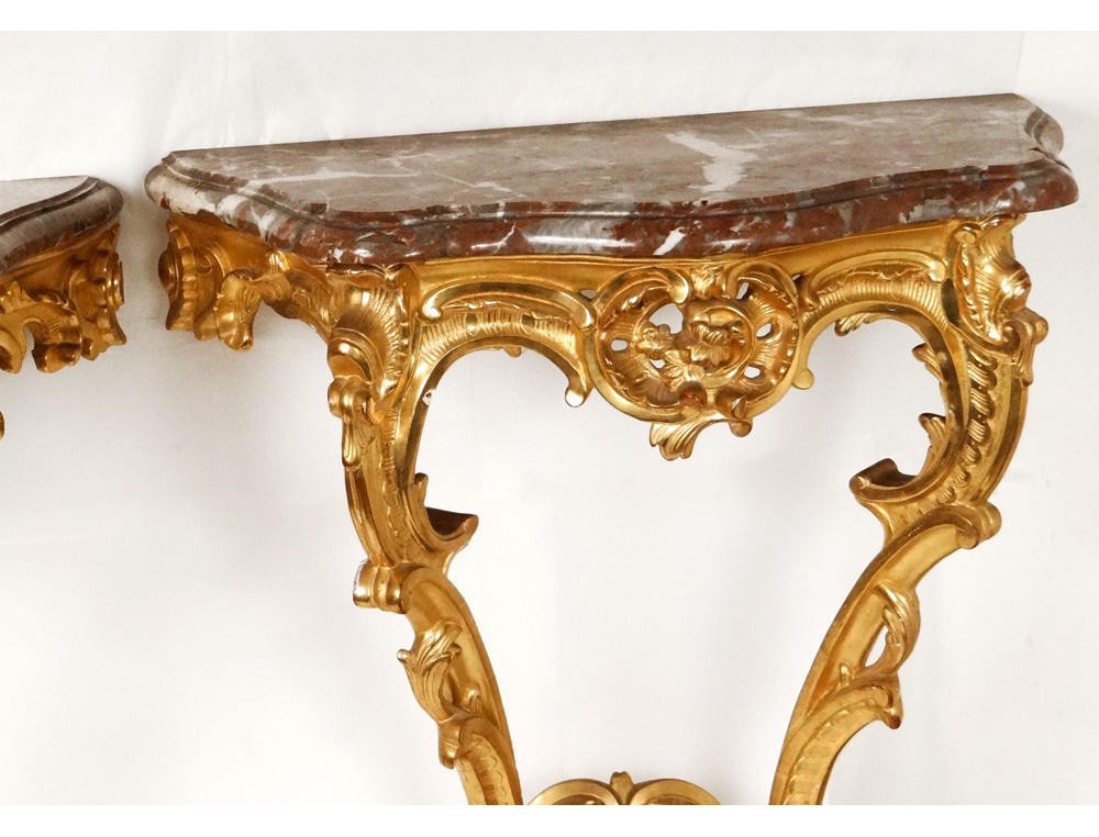 Pair consoles carved gilt Louis XV rococo marble shells eighteenth