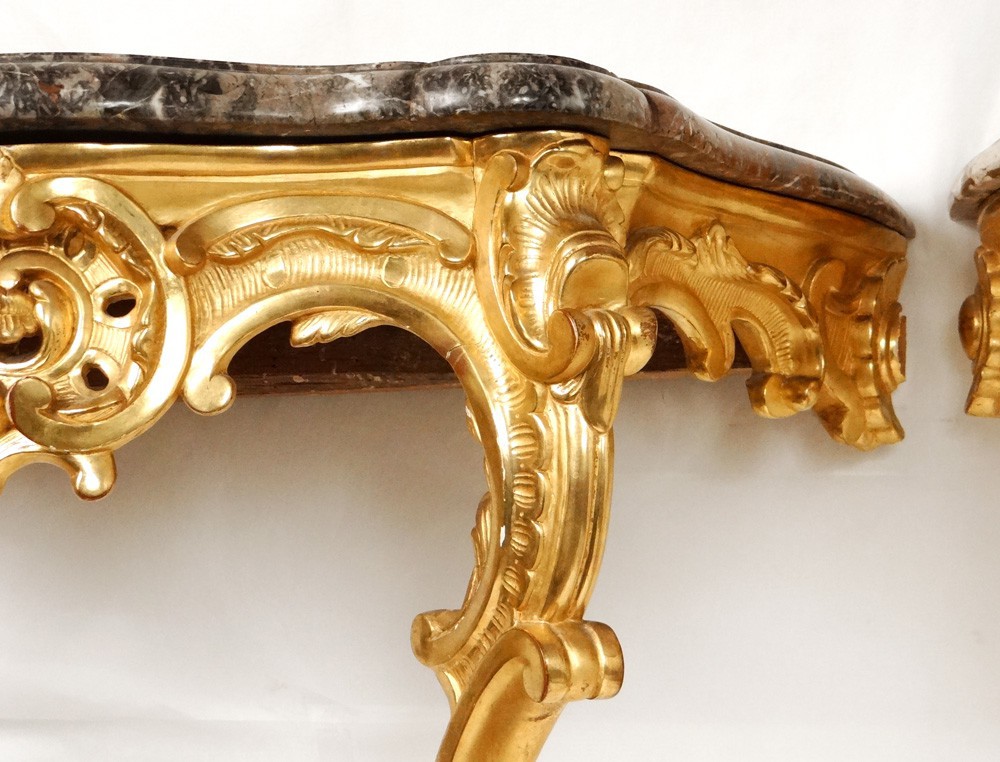 Pair consoles carved gilt Louis XV rococo marble shells eighteenth