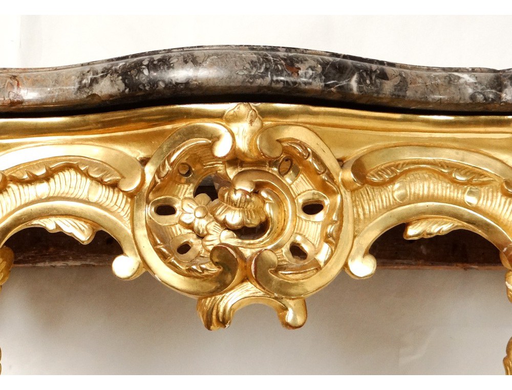 Pair consoles carved gilt Louis XV rococo marble shells eighteenth