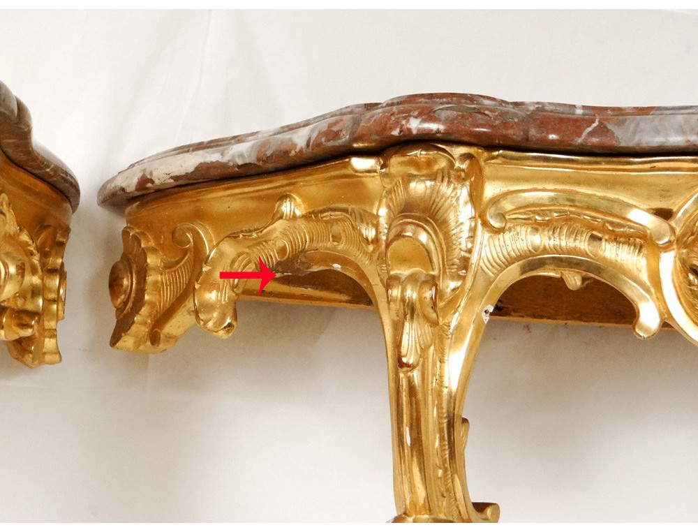 Pair consoles carved gilt Louis XV rococo marble shells eighteenth